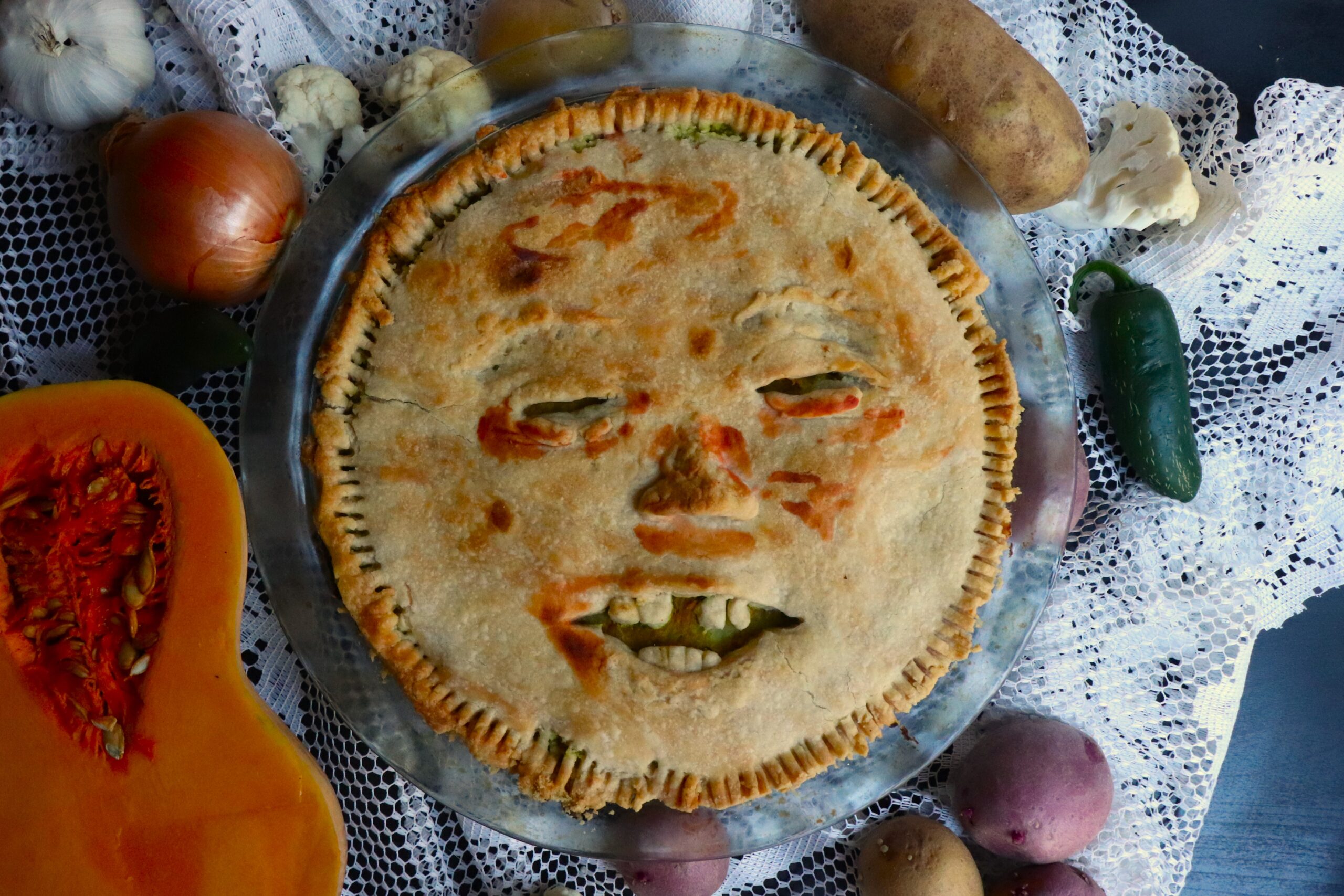 Squash, Cauliflower, and Potato Corpse Face Pie - Very Vegan Val